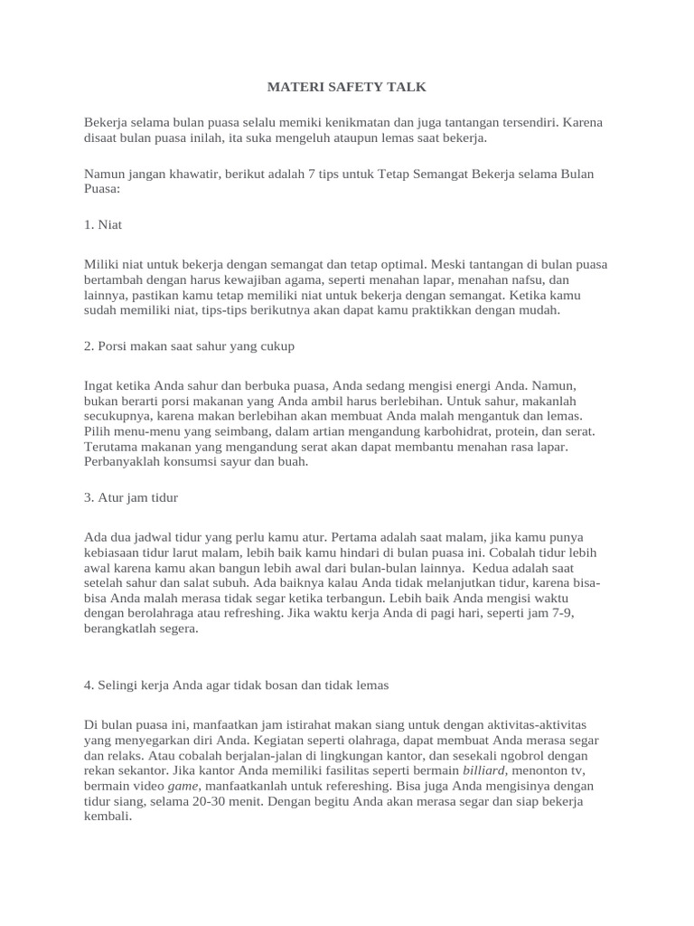 Materi Safety Talk | PDF