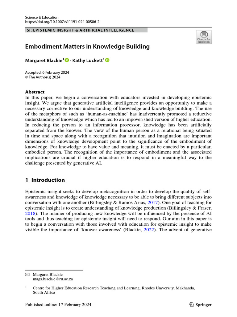 Blackie & Luckett (2020) Embodiment Matters in Knowledge Building | PDF | Knowledge | Artificial ...