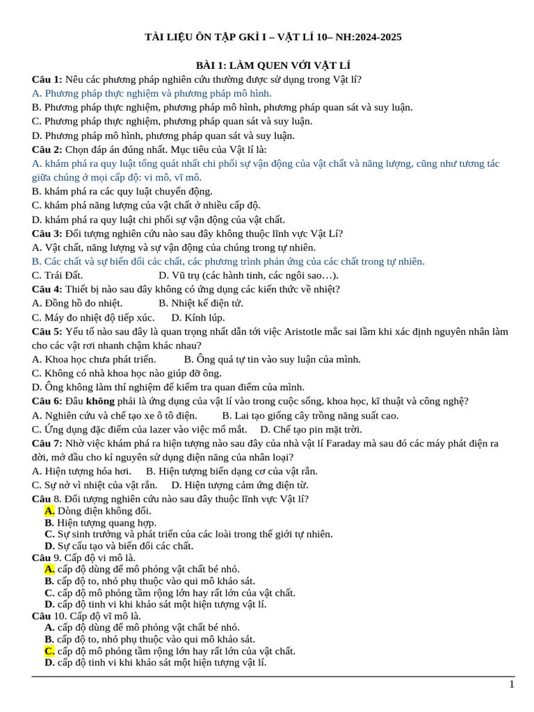Đề Ôn Tâp Kt Giữa Kì 1 Lí 10 2425 | PDF