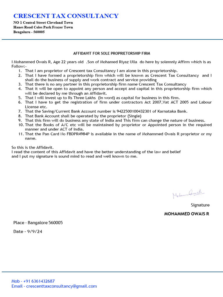 Sole Proprietorship Affidavit Template | PDF