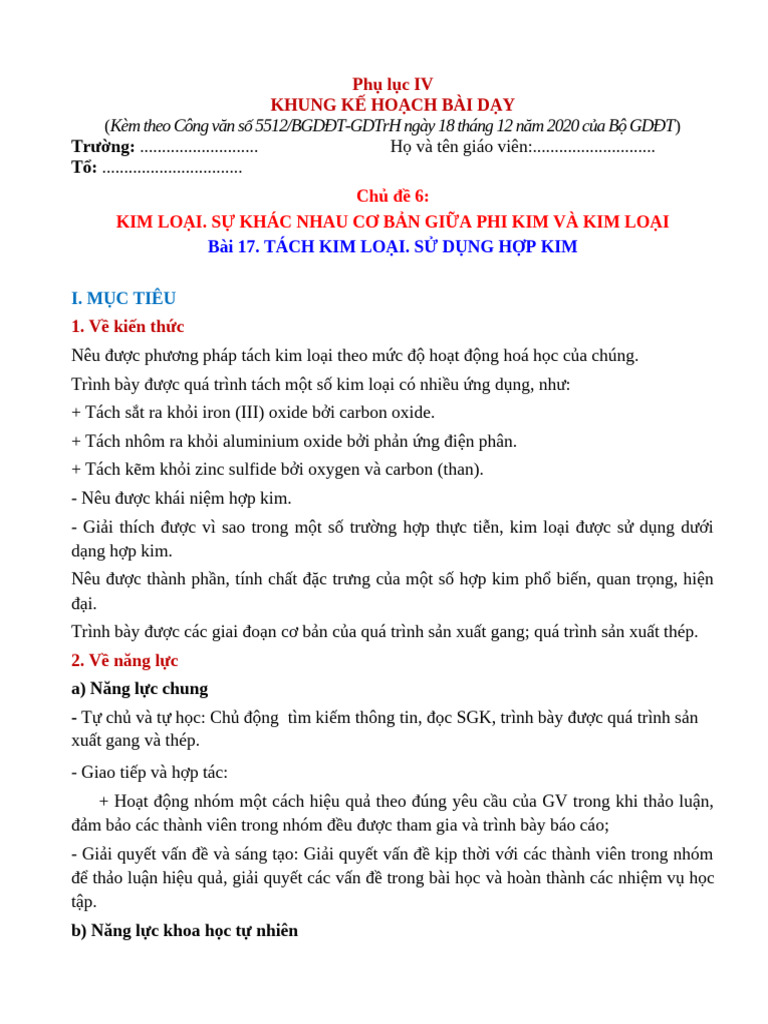 Bài 20. TÁCH KIM LO I S D NG H P KIM KNTT | PDF