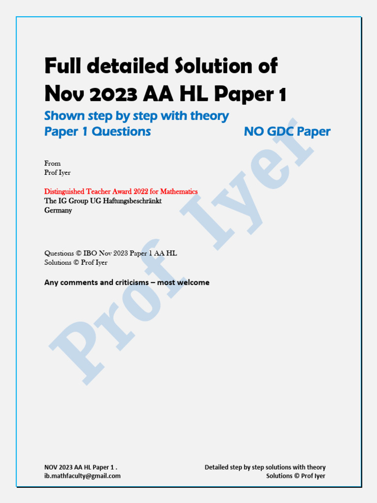 Nov 2023 IB Math AA HL Paper 1 Solutions | PDF