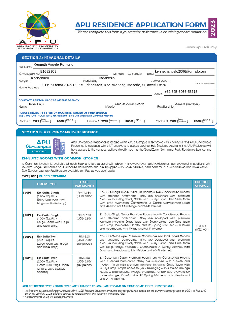 Kenneth - Accomodation Form After | PDF | Bathroom | Fee