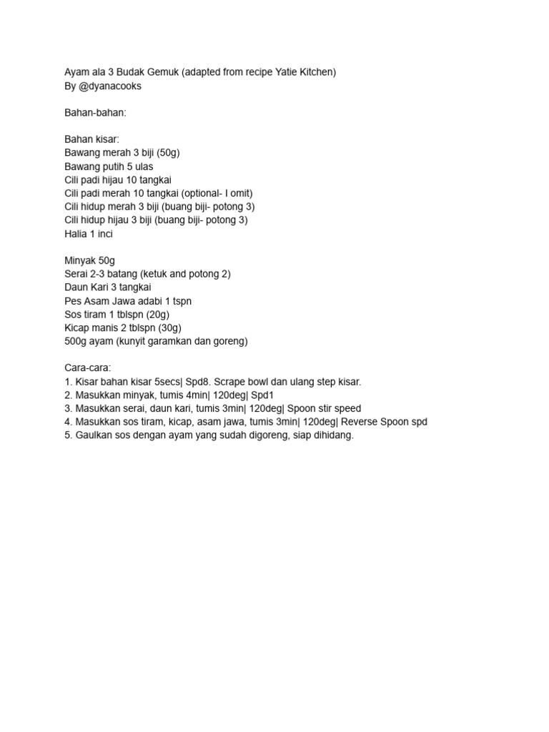 Resipi Ala Ayam 3 Budak Gemuk | PDF