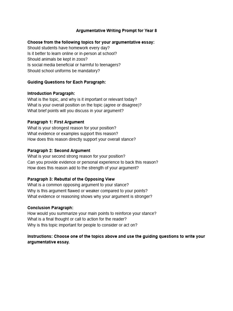 Argumentative Writing Prompt for Year 8 | PDF | Argument | Reason