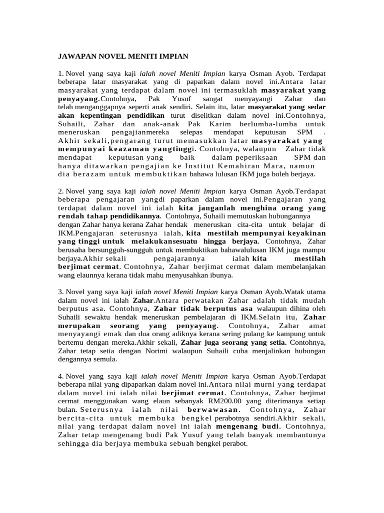 Jawapan Novel Meniti Impian | PDF