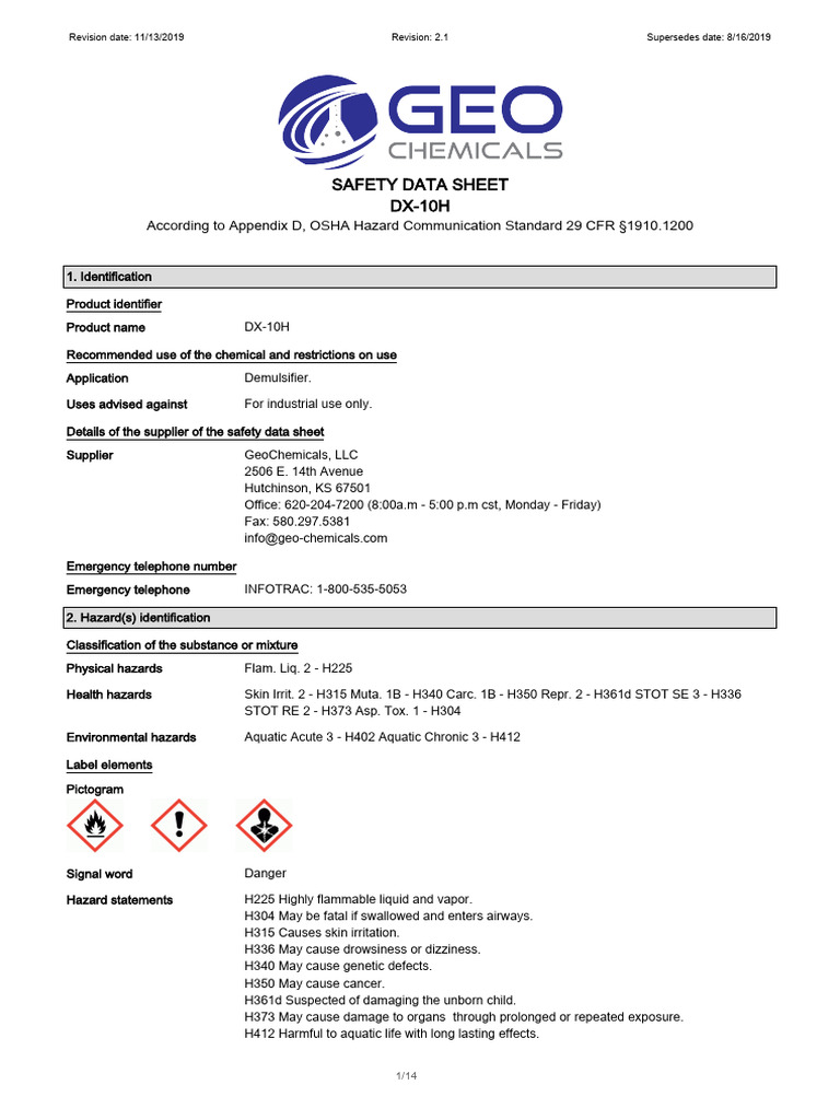 Geo Chemicals Dx 10h | PDF | Occupational Safety And Health | Safety