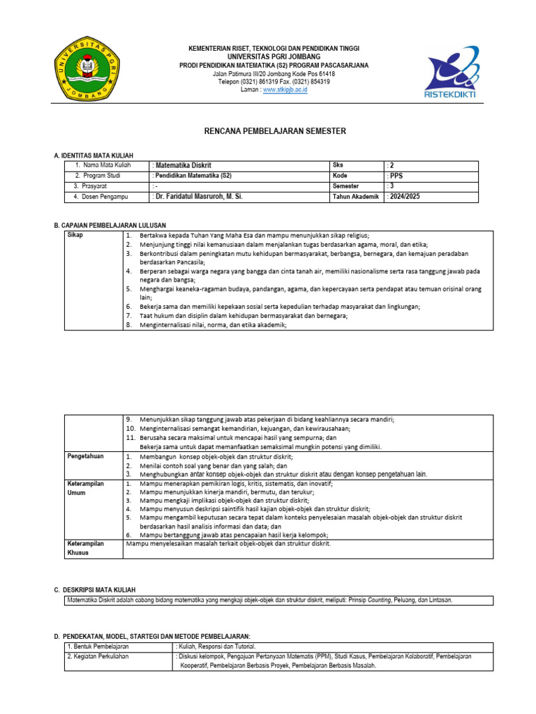 RPS Matematika Diskrit Gasal 2024-2025 | PDF