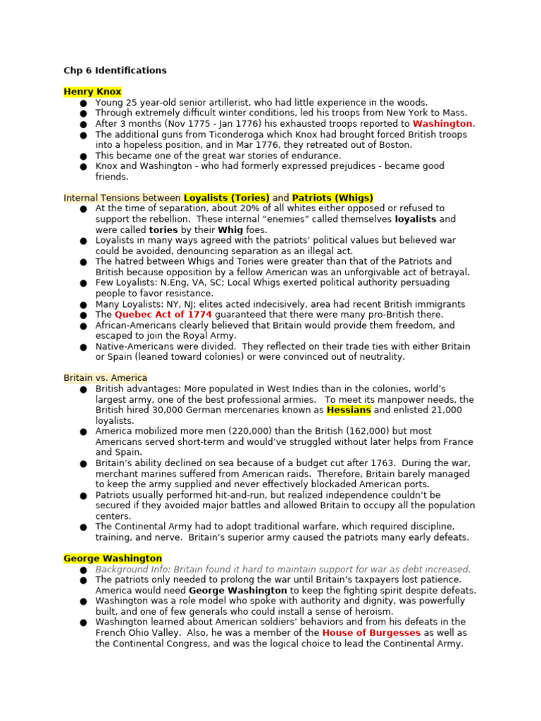 Chapter06Notes | PDF | George Washington | Loyalist (American Revolution)