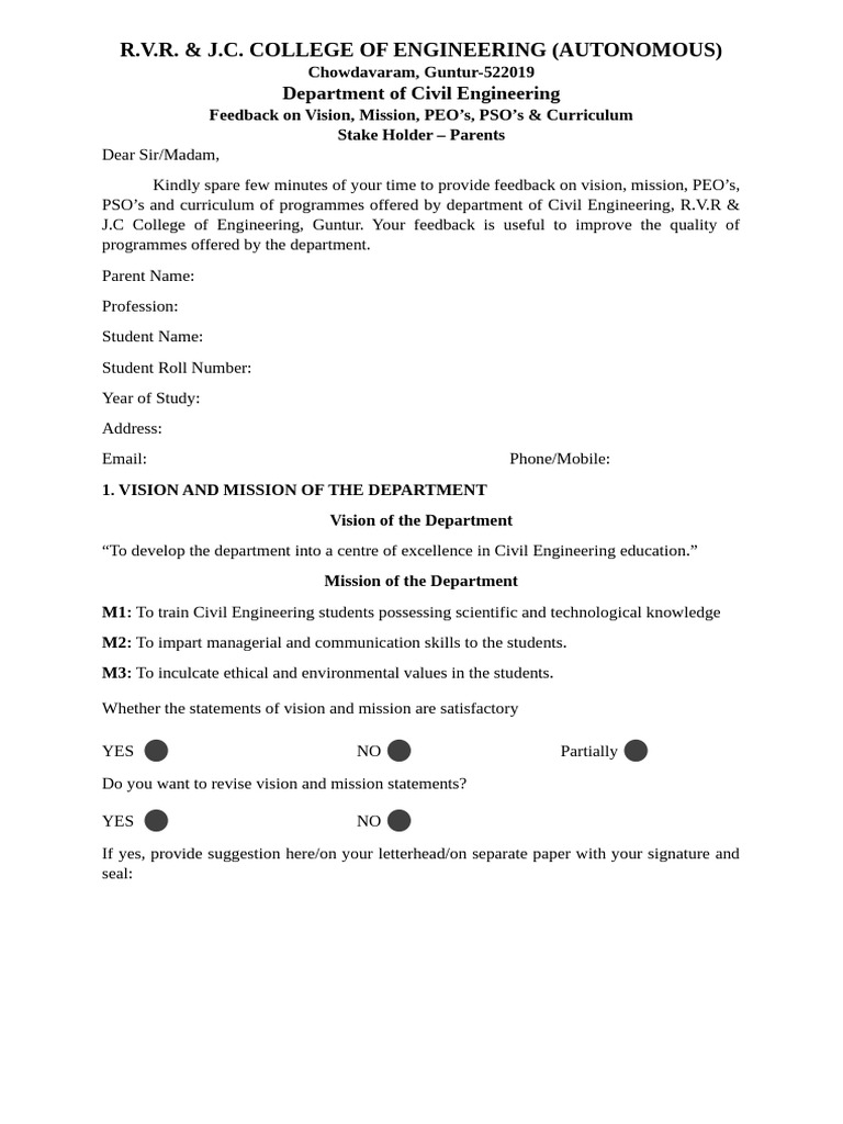 Parents Feedback Form | PDF | Curriculum | Engineering