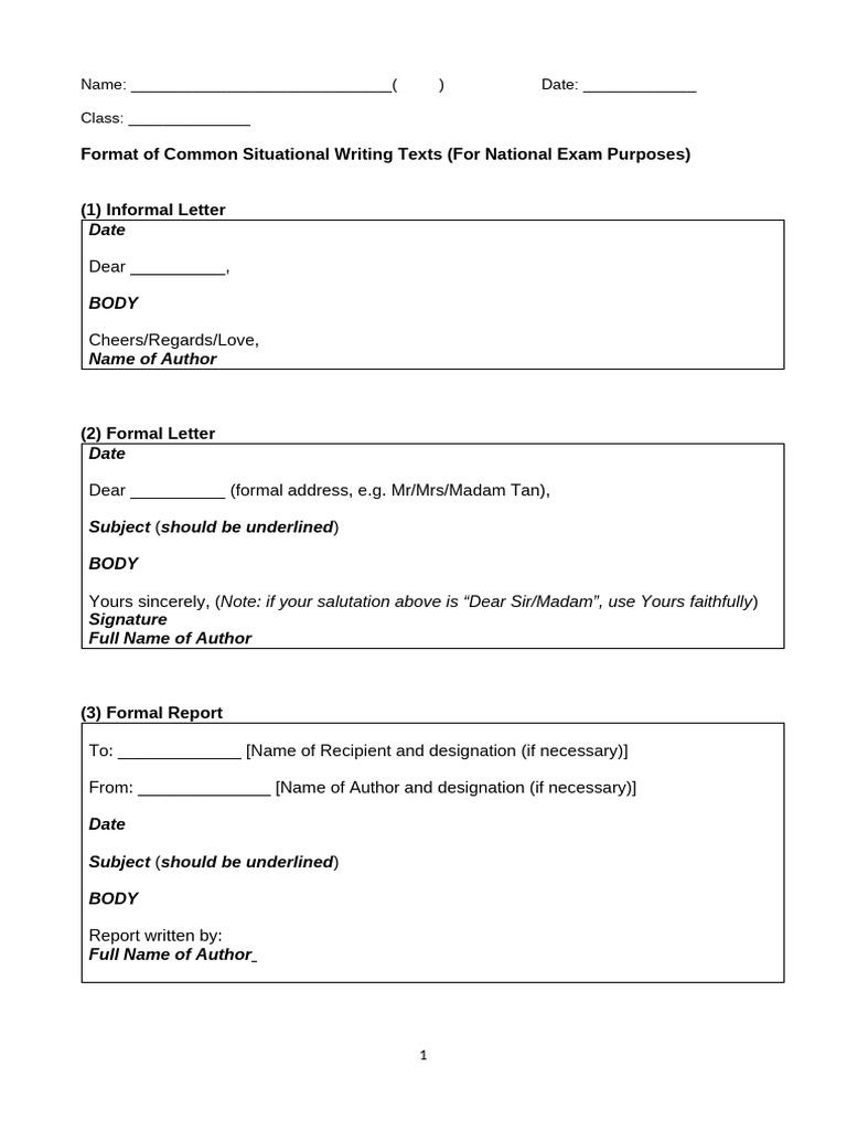 Format of Common Situational Writing Texts (National Exams) | PDF