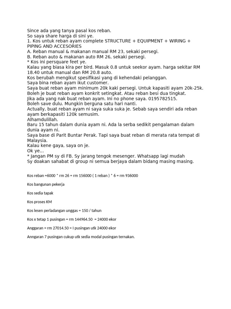 Kos Reban Dan Anggaran Balik Kos | PDF