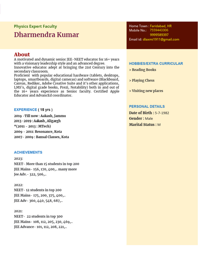 C.V. of Dharmendra Kumar (Senior Physics Faculty) | PDF