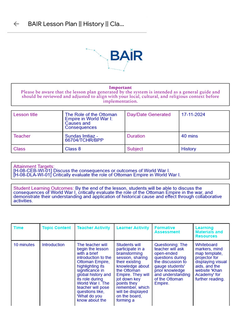 BAIR Lesson Plan - History - Class 8 - 17-11-2024 | PDF | Lesson Plan ...