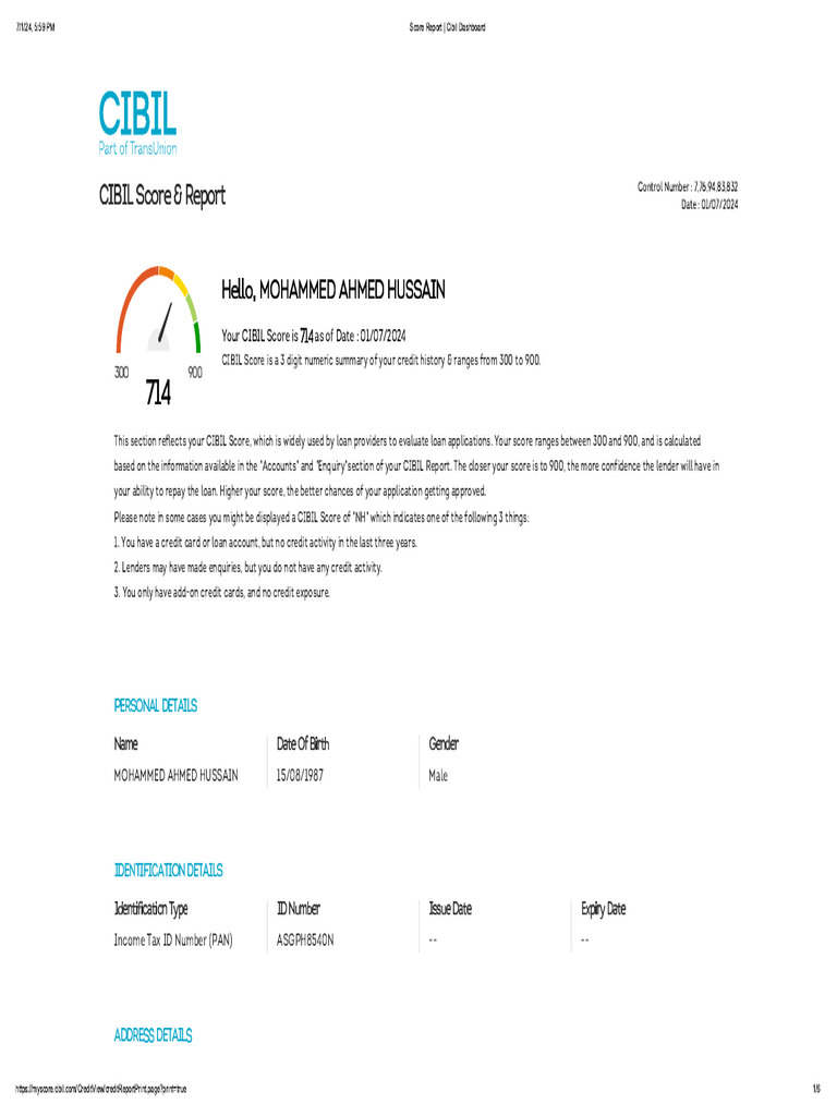 Score Report - Cibil Dashboard | PDF