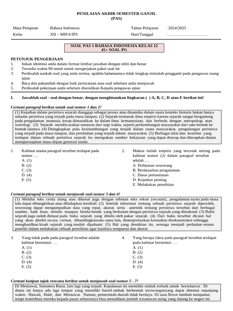 SOAL - Penilaian Akhir Semester Gasal BINDO - KelasXII - Humaira | PDF