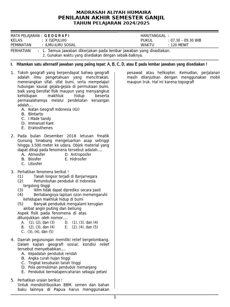 SOAL - Penilaian Akhir Semester Gasal gEOGRAFI - Kelas10 - Humaira | PDF