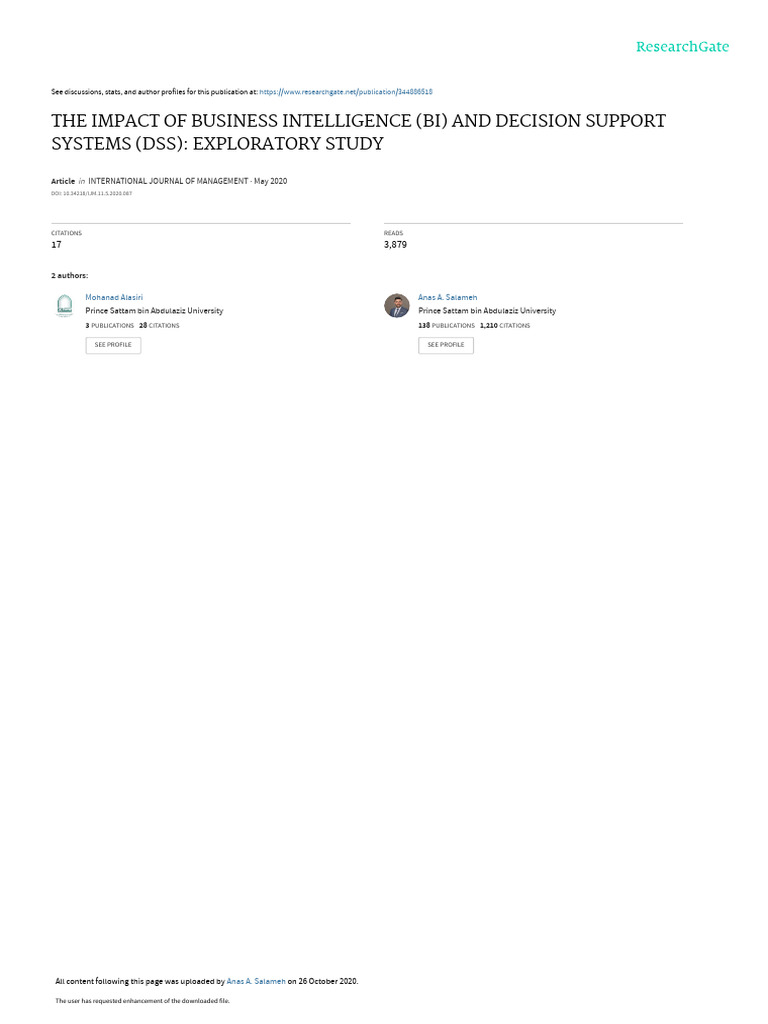 The Impact of Business Intelligence (BI) and Decision Support Systems DSS Exploratory Study ...