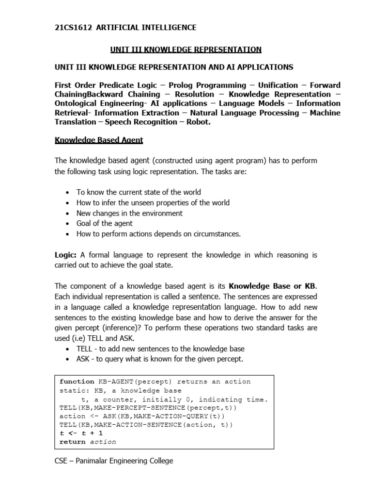 UNIT III | PDF | Knowledge Representation And Reasoning | First Order Logic