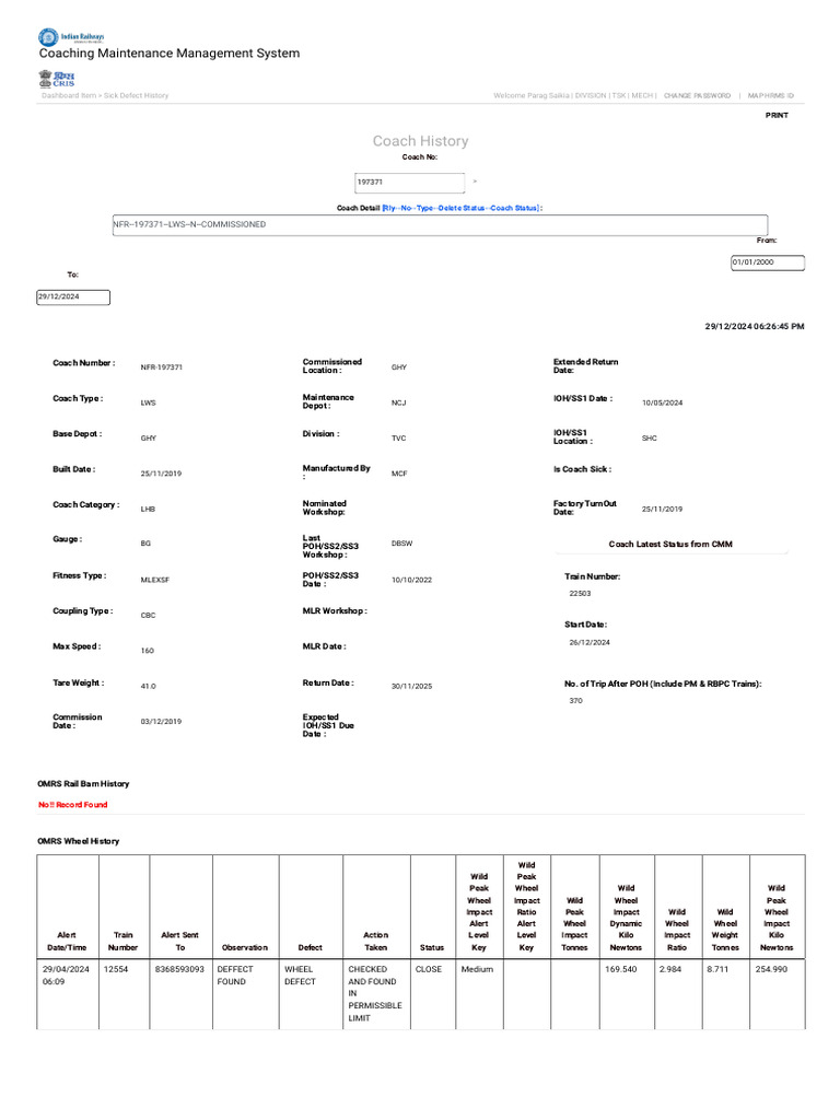 CMM_ Coach Defect History (5) | PDF | Rail Transport | Vehicle Technology