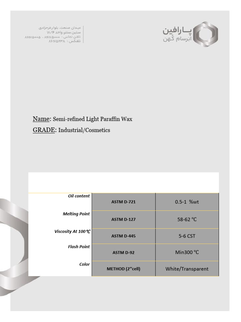Semi-Refined Light Paraffin Wax Data | PDF