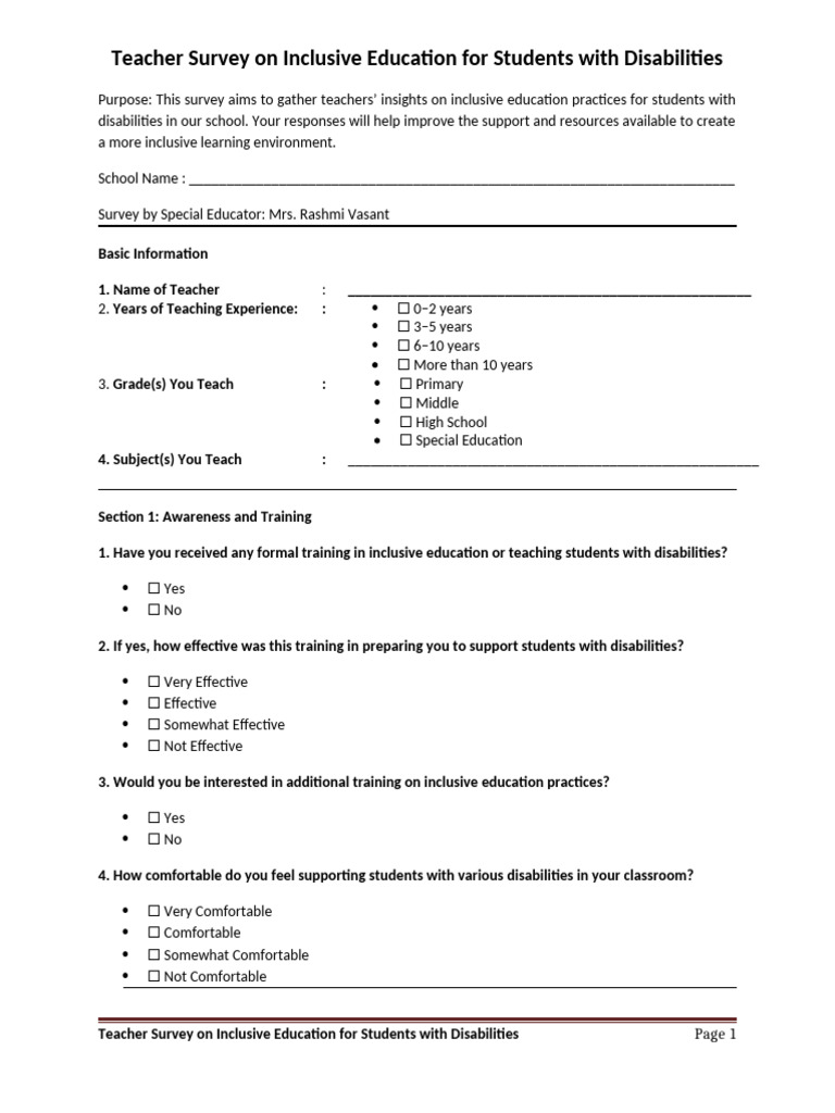 Teacher Survey On Inclusive Education For Students With Disabilities ...