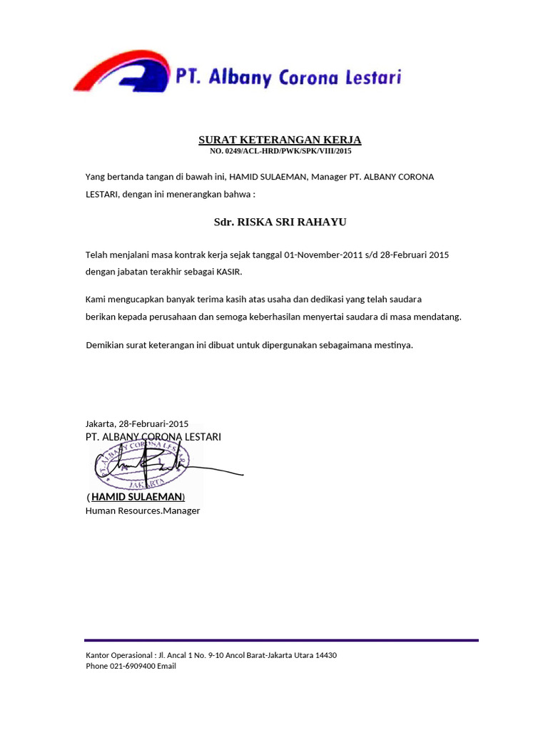 Paklaring Albany Corona Lestari | PDF