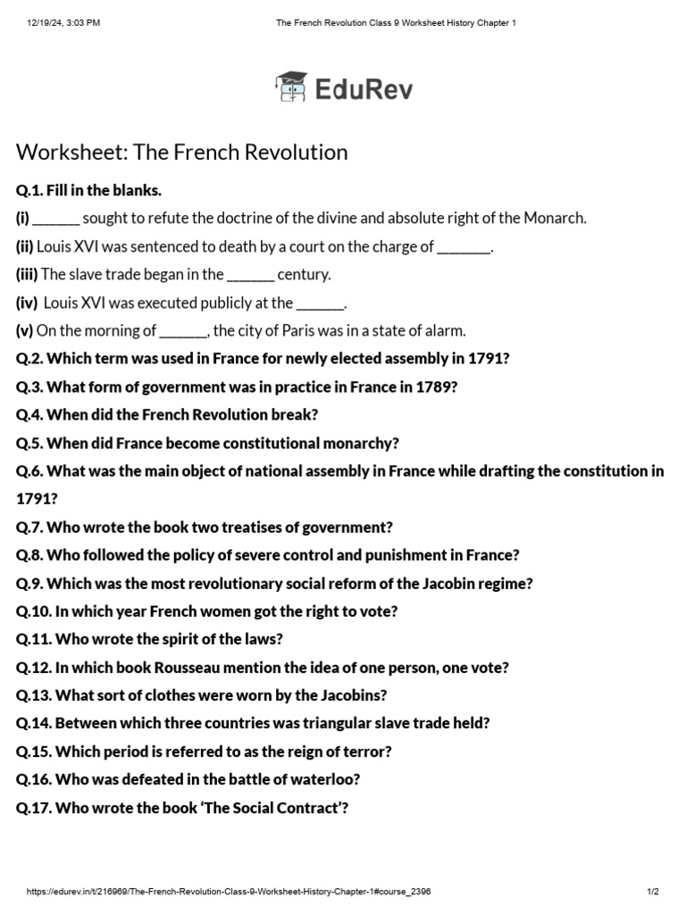 The French Revolution Class 9 Worksheet History Chapter 1 | PDF