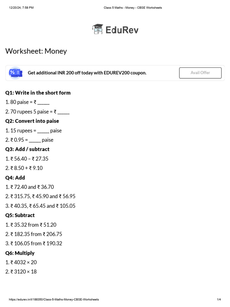 Class 5 Maths - Money - CBSE Worksheets | PDF | Economy Of Asia ...