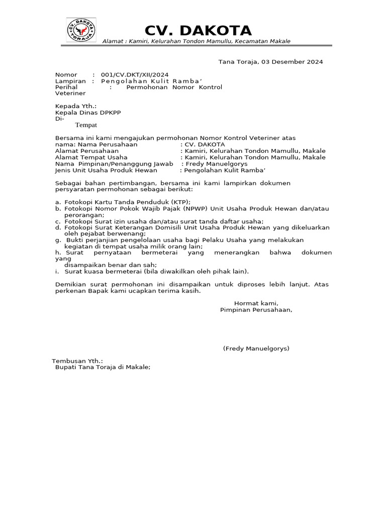 Permohonan NKV CV. Dakota | PDF