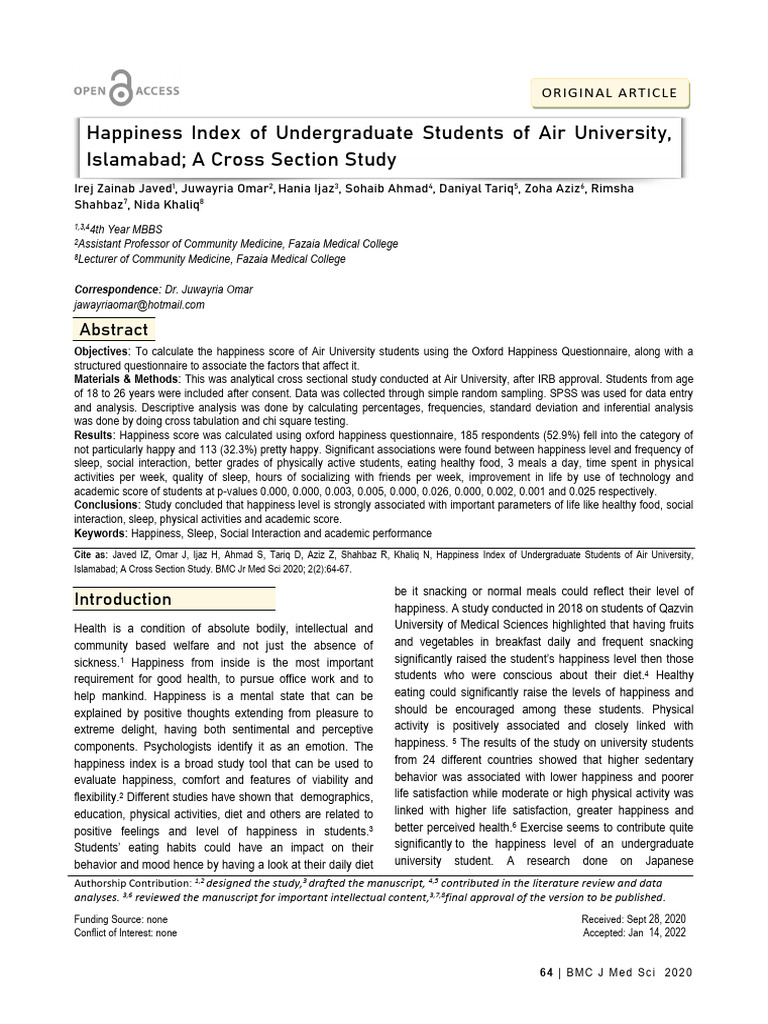Happiness Index of Undergraduate Students of Air University Article ...
