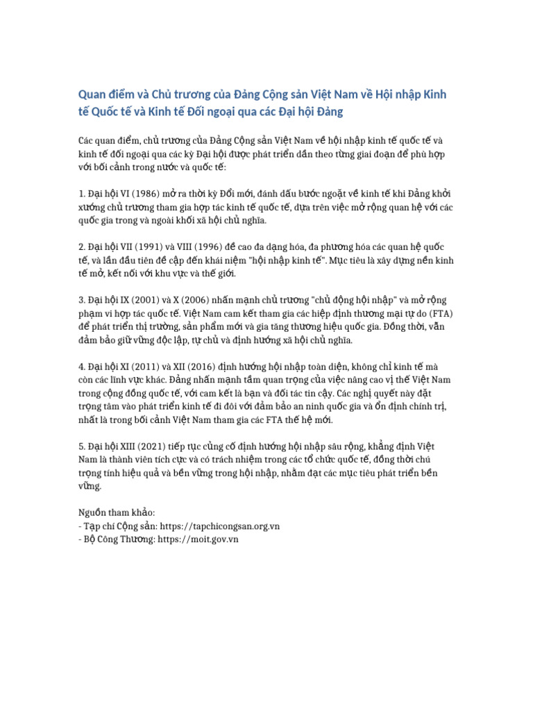 Quan Diem Chu Truong Hoi Nhap Kinh Te Quoc Te Dang CSVN | PDF