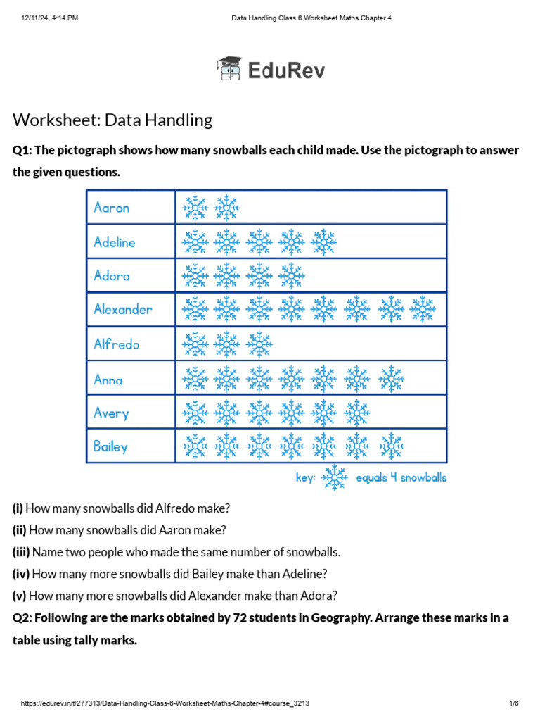 Data Handling Class 6 Worksheet Maths Chapter 4 | PDF