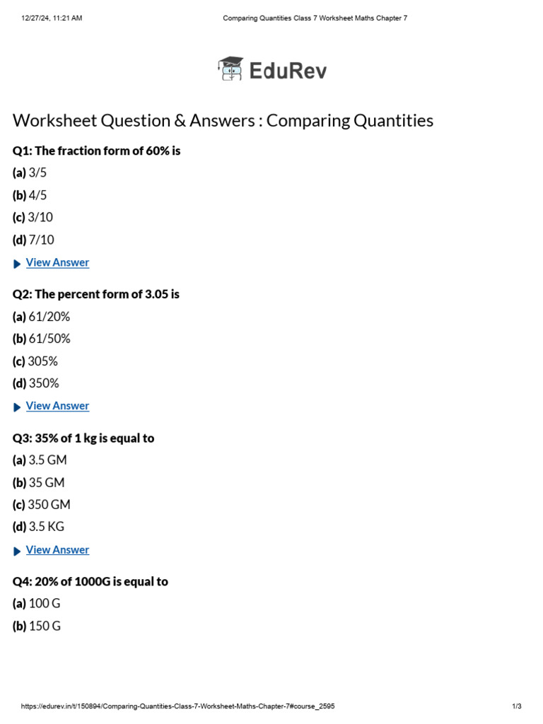 Comparing Quantities Class 7 Worksheet Maths Chapter 7 | PDF