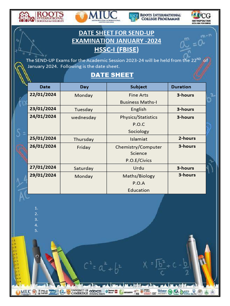 Hssc-I (Fbise) : Date Sheet For Send-Up Examination January - 2024 ...