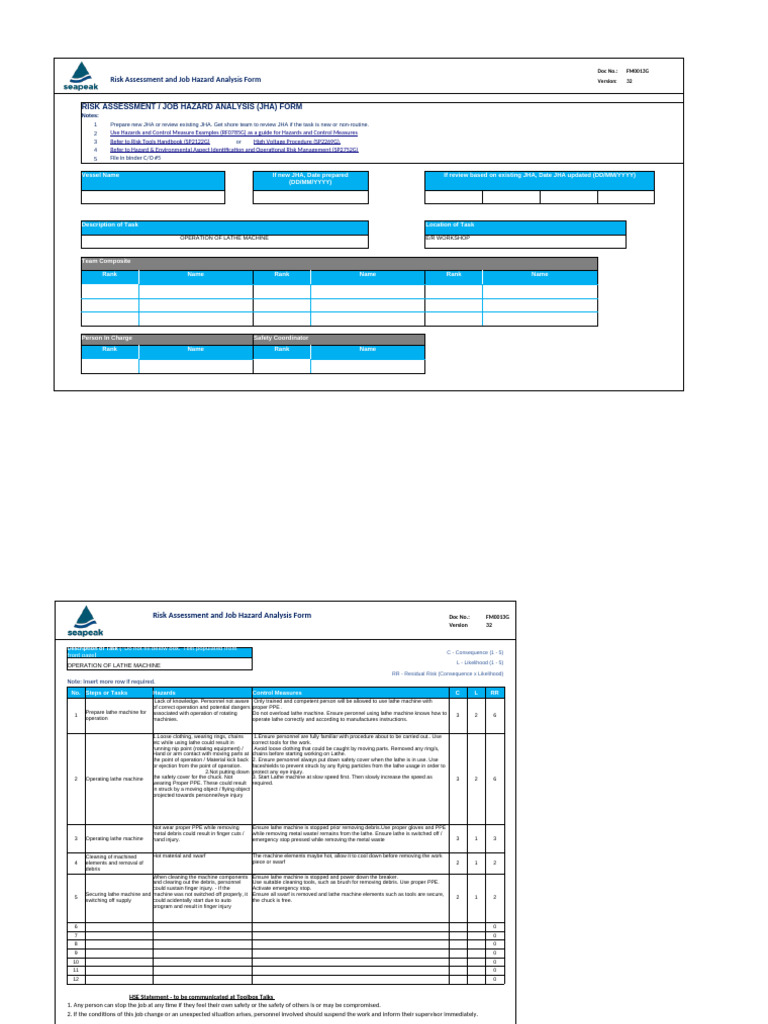 Sample JHA - Operation of Lathe Machine 1 | PDF | Personal Protective ...