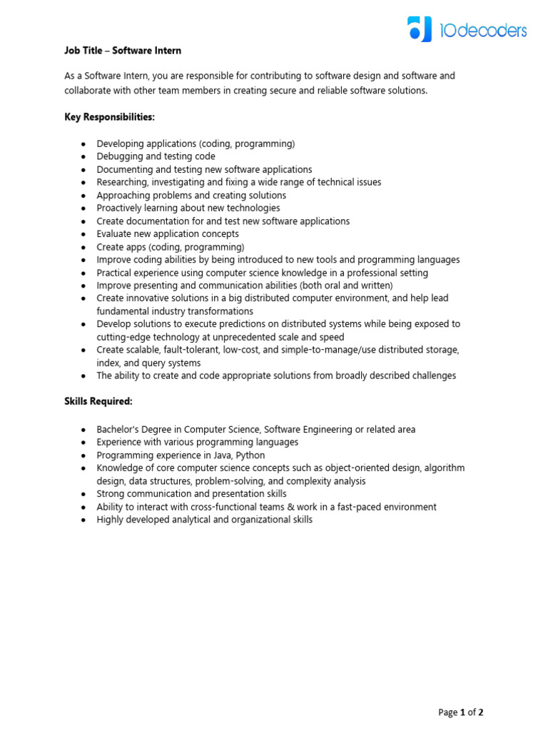 JD - Software Intern | PDF | Computer Programming | Software
