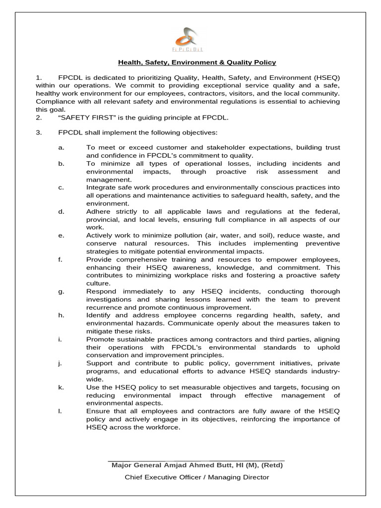 FPCDL HSEQ Policy Overview | PDF | Safety | Risk