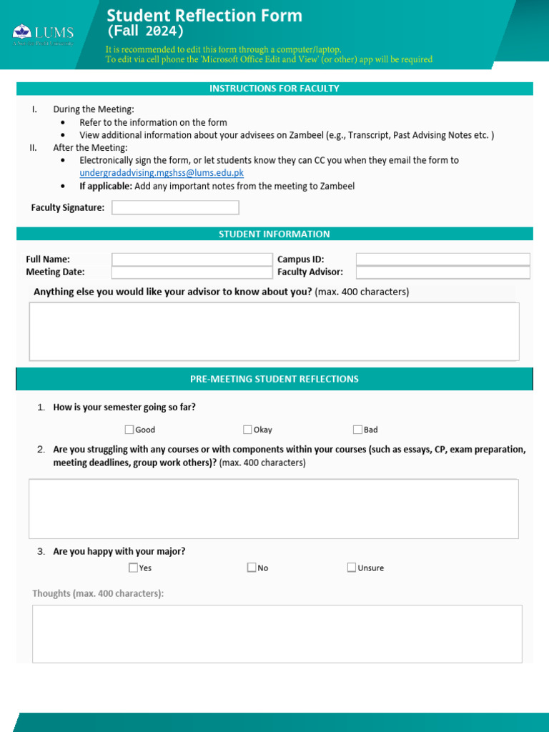 Student Reflection Form Fall 24 | PDF