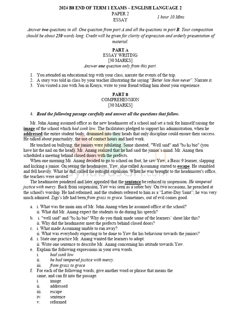 2024 B8 End Of Term 1 Exams English Language 2 | PDF