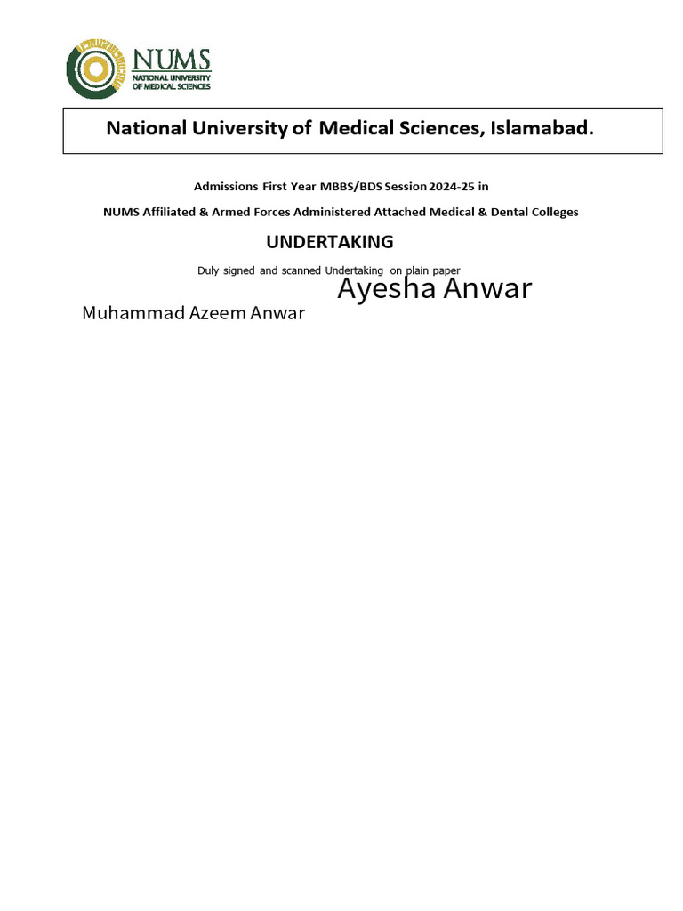 NUMS MBBS/BDS Admission Undertaking 2024-25 | PDF | Dental Degree | Justice