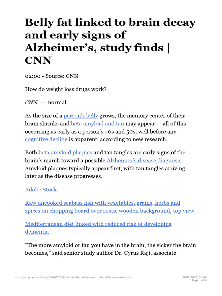 Belly Fat Linked To Brain Decay and Early Signs of Alzheimer's, Study ...