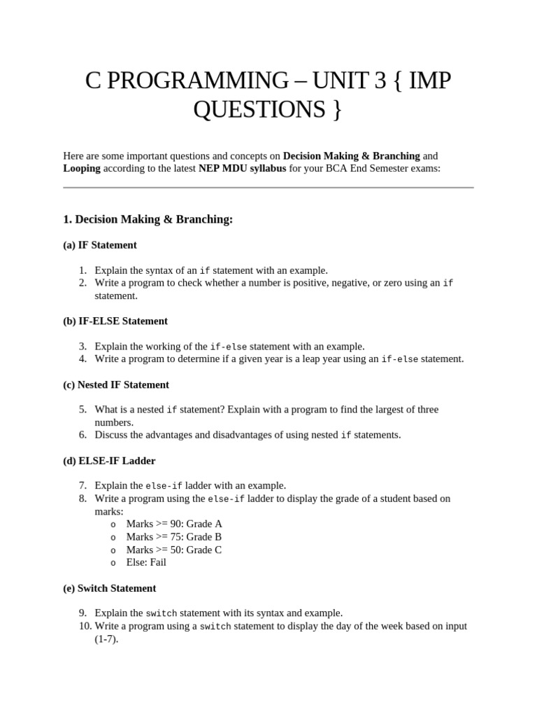 c Imp Questions | PDF | Control Flow | Computer Engineering