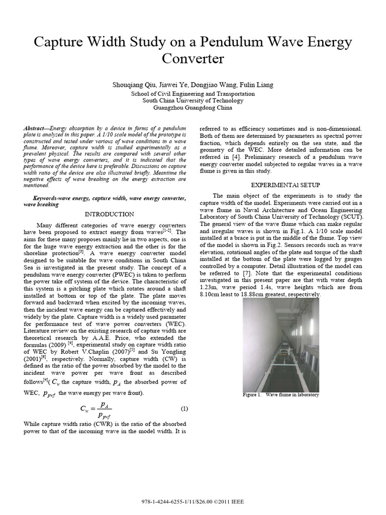 2011 Capture Width Study on a Pendulum Wave Energy Converter | PDF | Waves | Physical Quantities