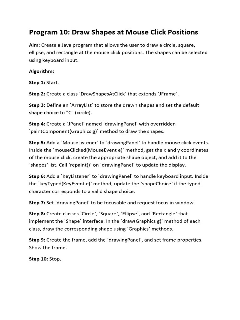 Program 10 - Draw Shapes at Mouse Click Positions | PDF | Method (Computer Programming) | Object ...