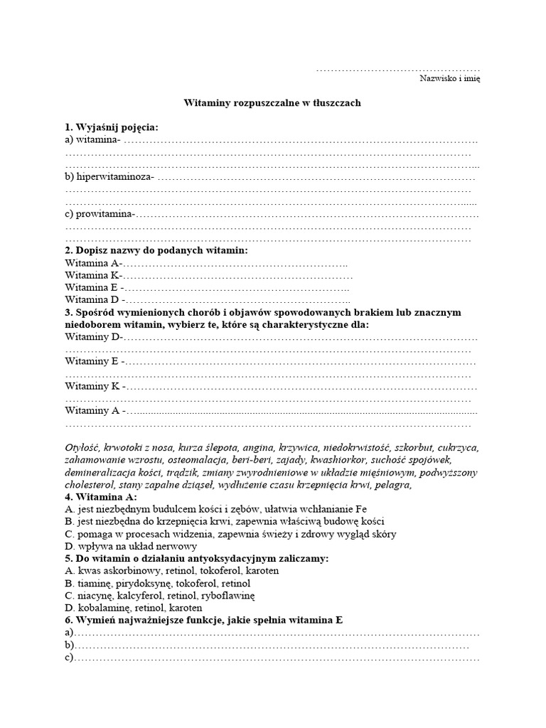Karta Pracy - Witaminy Rozpuszczalne W Tłuszczach | PDF