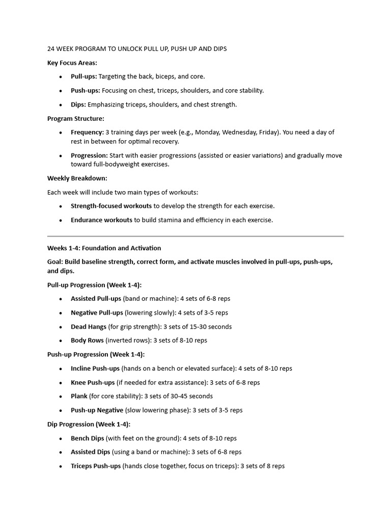 24 Week Program Structure To Unlock PULL UP, PUSH UP AND DIP | PDF ...