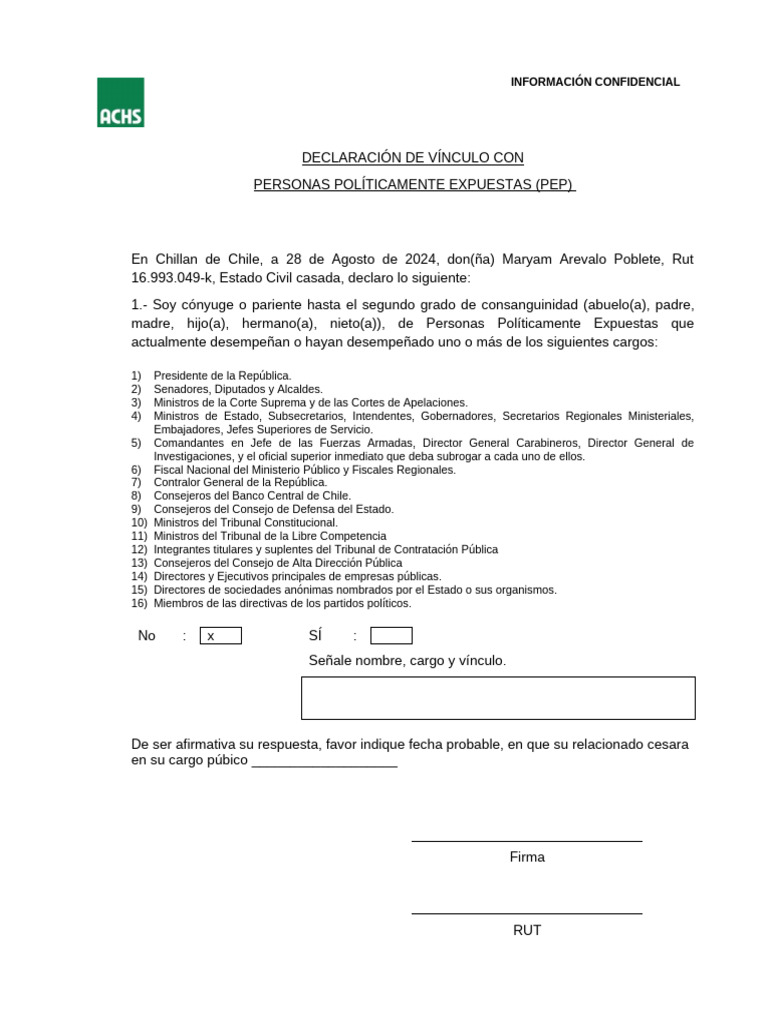 Declaración Vínculo PEP Chile | PDF