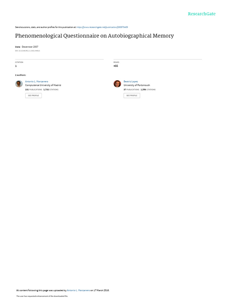 Phenomenological Questionnaire On Autobiographical Memory | PDF ...