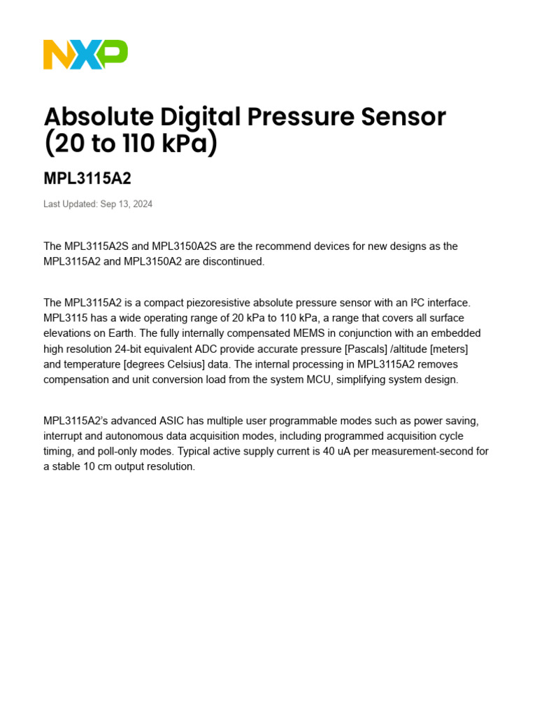 MPL3115A2 Absolute Pressure Sensor | PDF